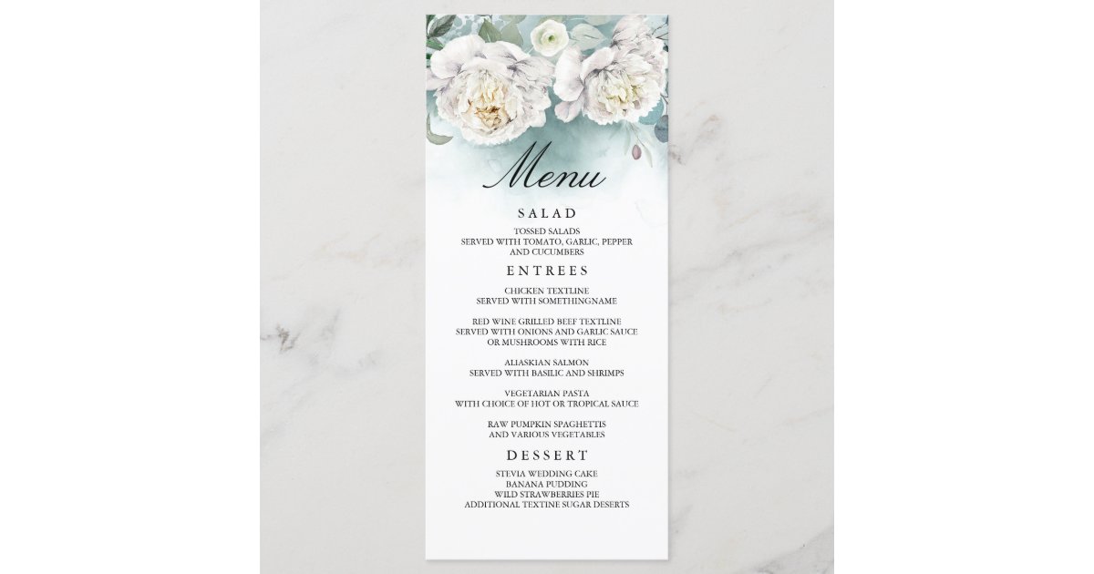 White Flowers and Greenery Wedding Menus | Zazzle