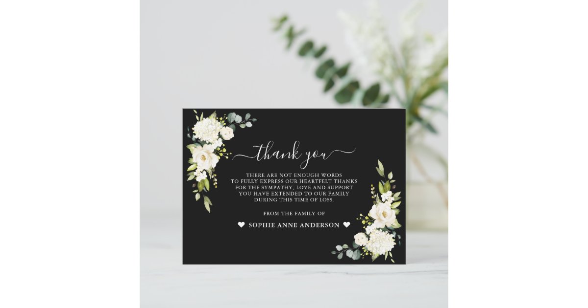 White flowers Black Photo In Loving Memory Thank You Card | Zazzle