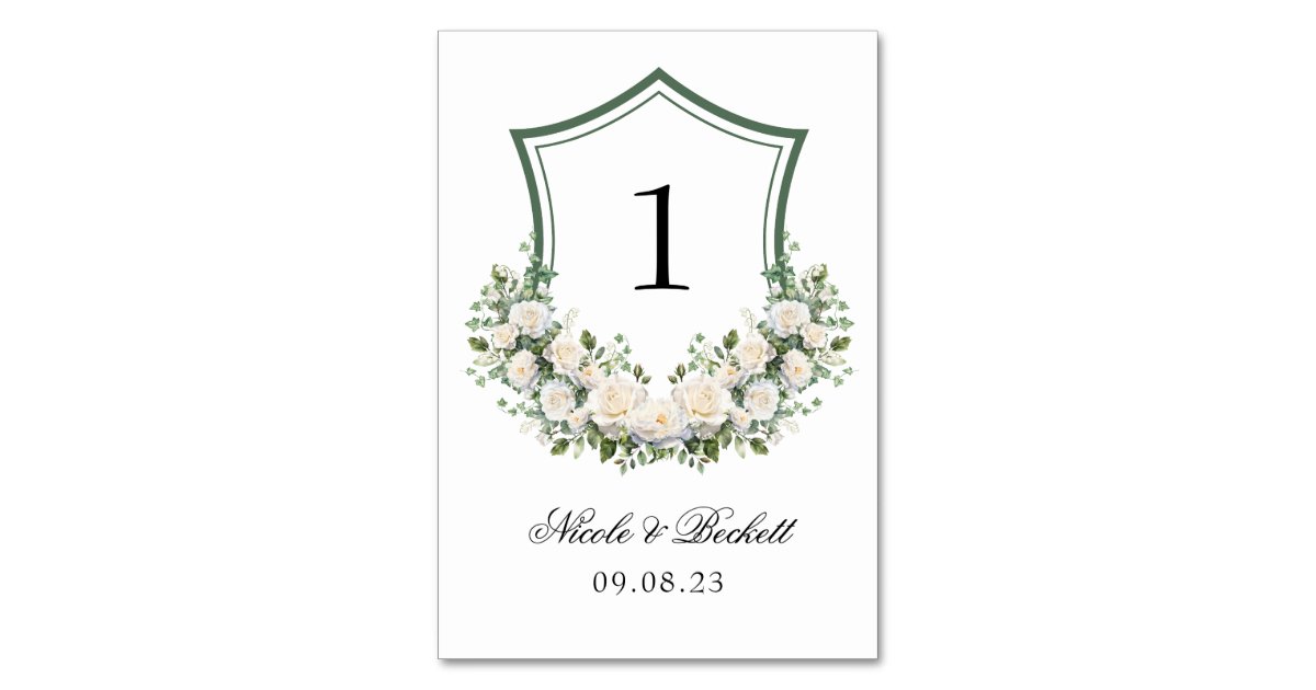 White Flowers Crest Wedding Table Number | Zazzle