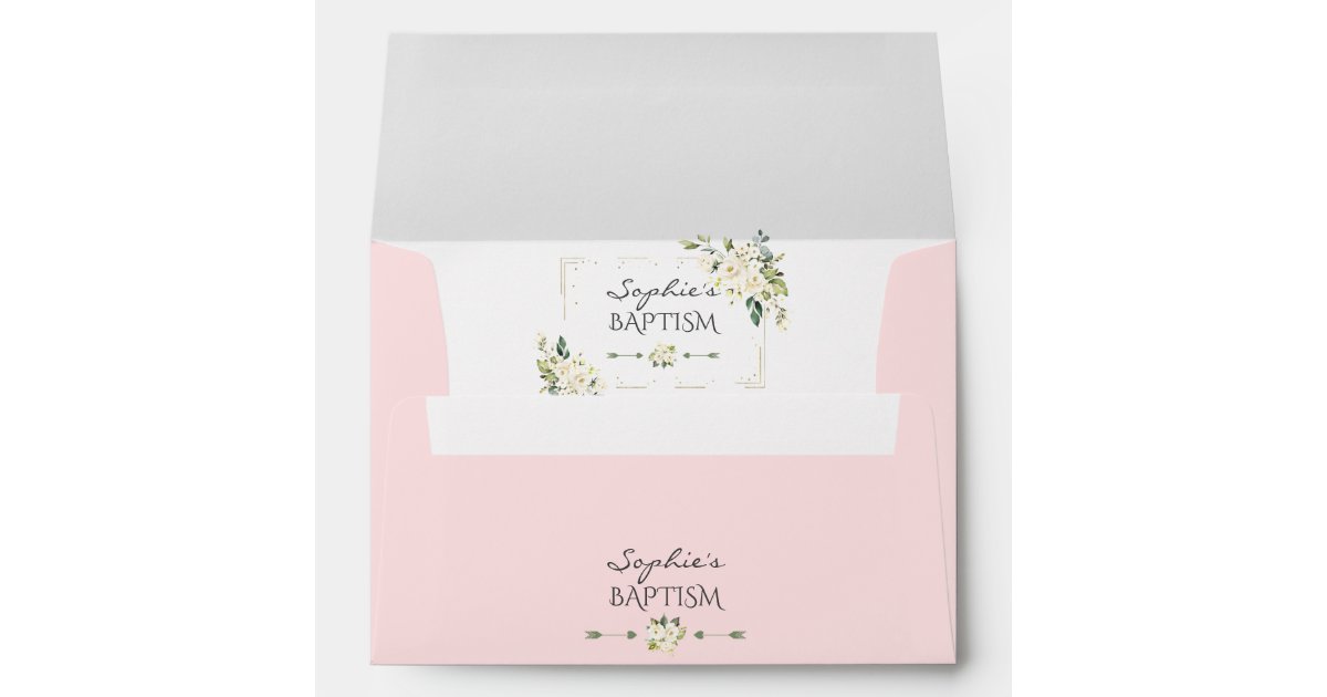 White Flowers Gold Baptism Return Address Envelope | Zazzle