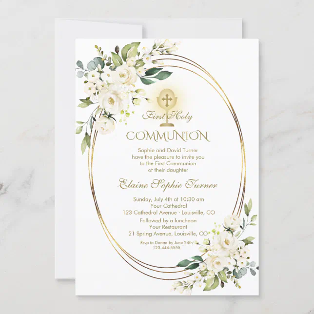 White Flowers Gold Chalice First Holy Communion Invitation | Zazzle