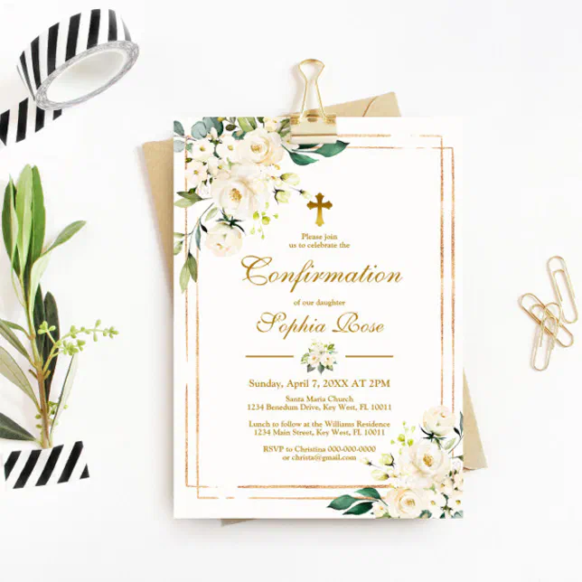 White Flowers & Gold Frame Girl Confirmation Invitation | Zazzle