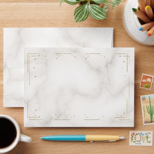 White Flowers Gold Glitter Frame Marble Baptism Envelope | Zazzle