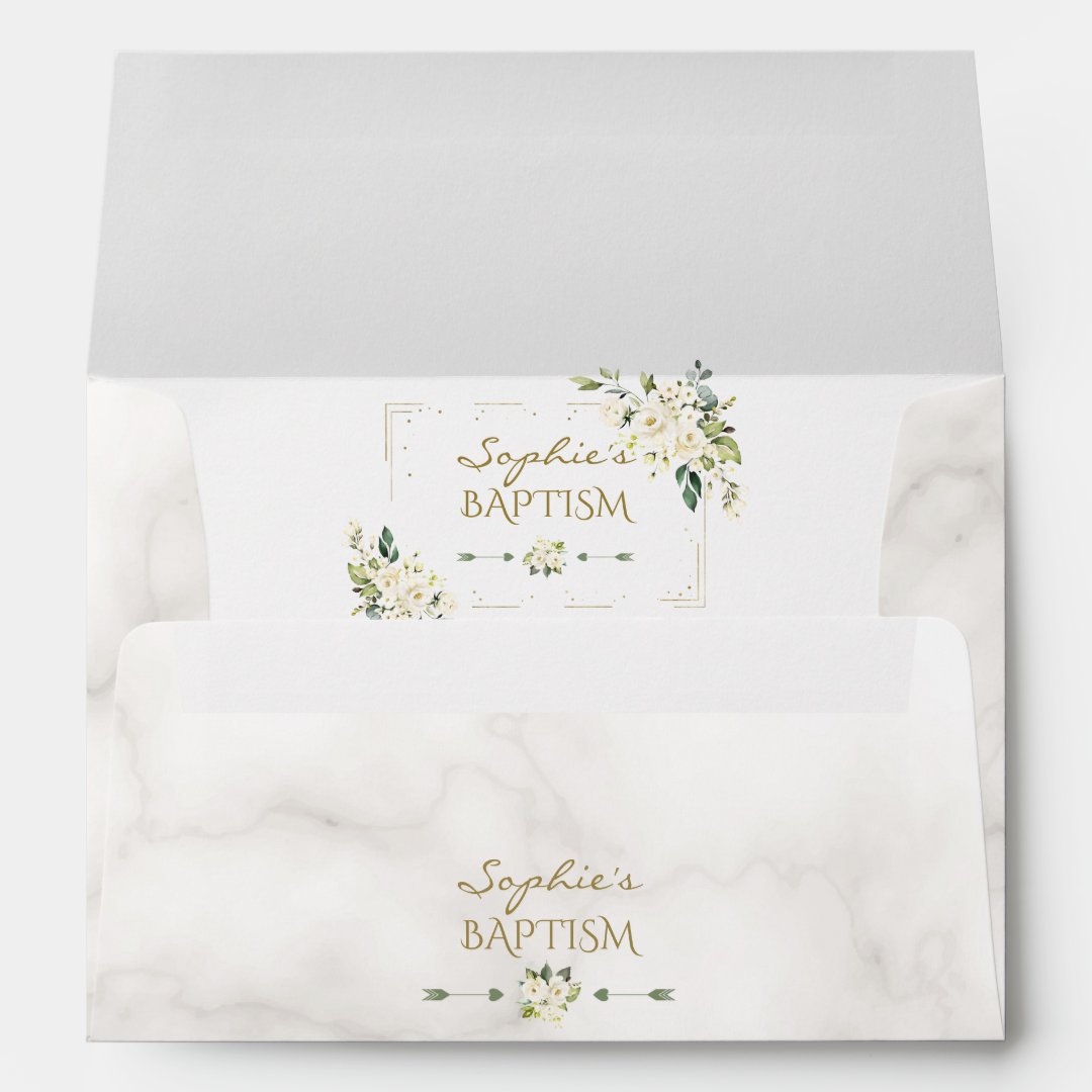 White Flowers Gold Glitter Frame Marble Baptism Envelope | Zazzle