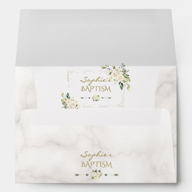 White Flowers Gold Glitter Frame Marble Baptism Envelope | Zazzle