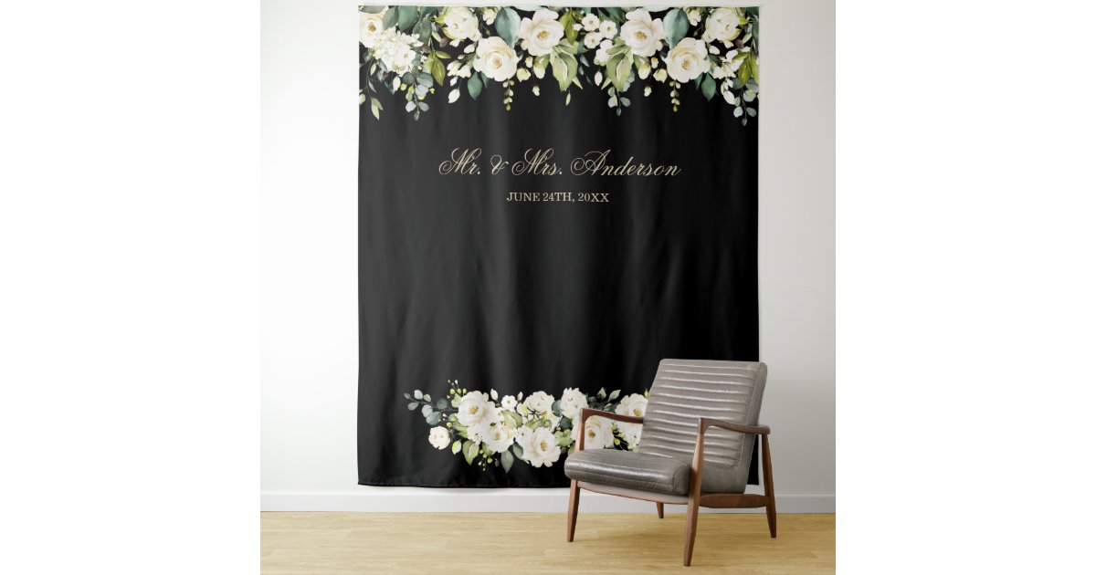 White Flowers Wedding Black Photo Booth Backdrop | Zazzle