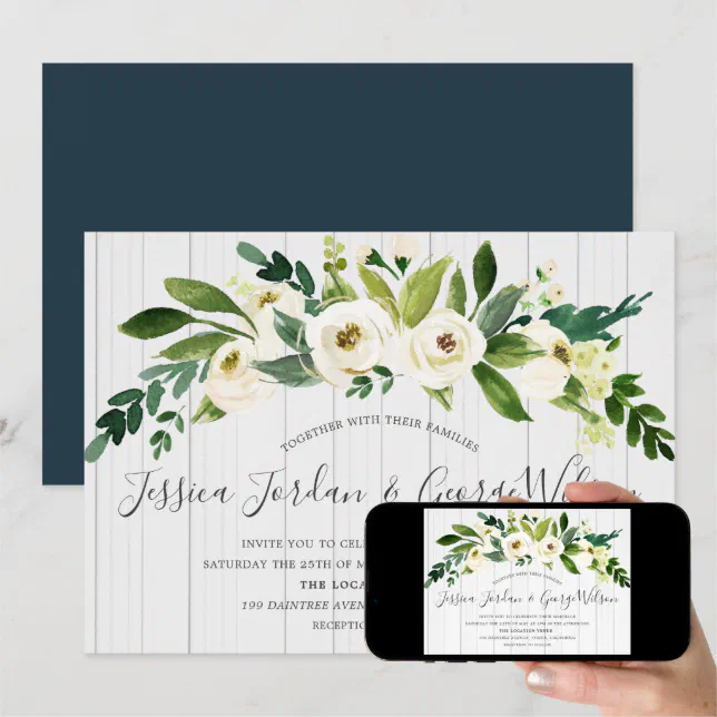 White Flowers Wood Background Wedding Invite | Zazzle