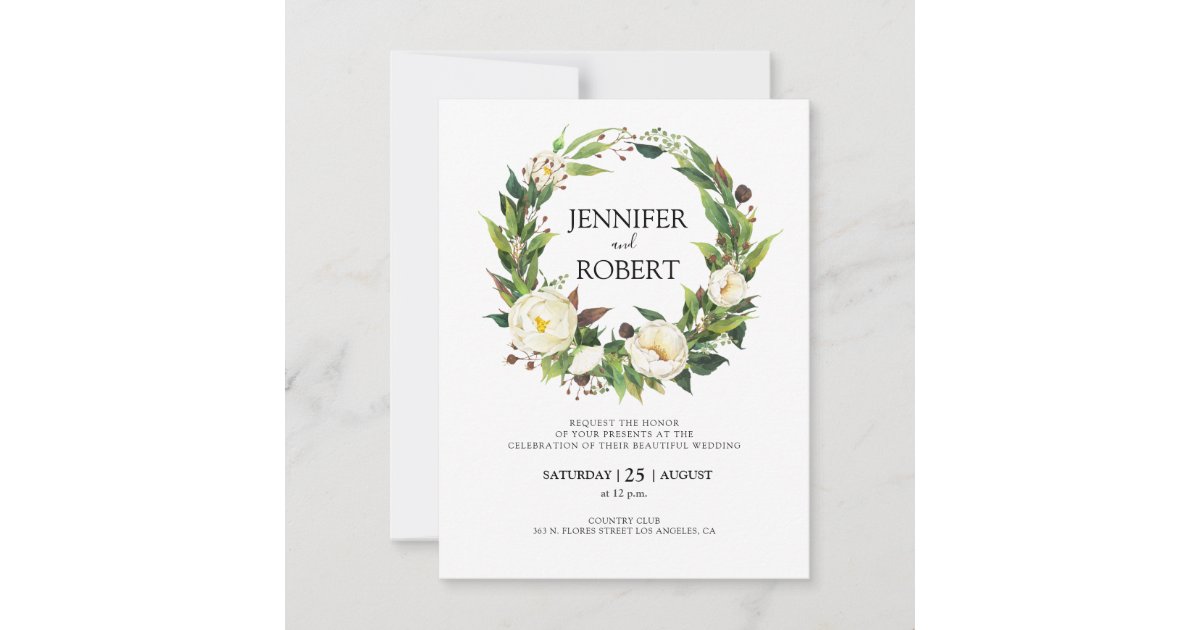 White flowers wreath wedding invitation | Zazzle