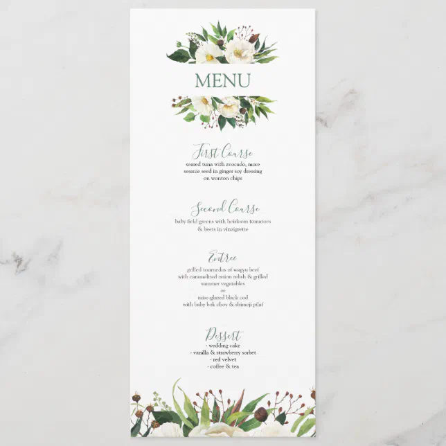 White flowers wreath wedding menu | Zazzle