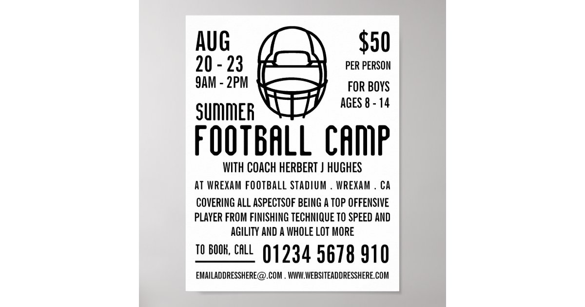White Football Helmet, Football Camp Advertising Poster | Zazzle