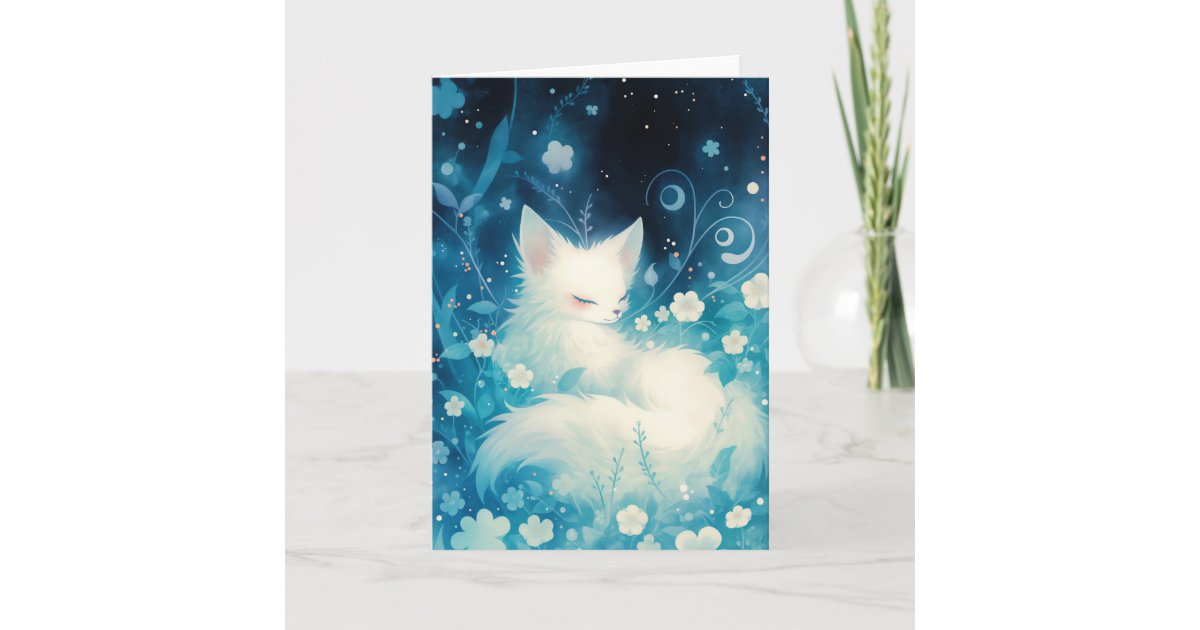White Fox Slumbering in Floral Card | Zazzle