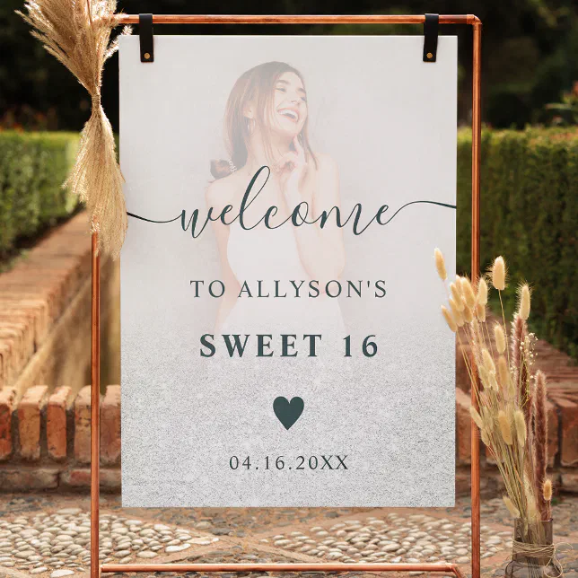 White glitter ombre photo Sweet 16 welcome Poster | Zazzle
