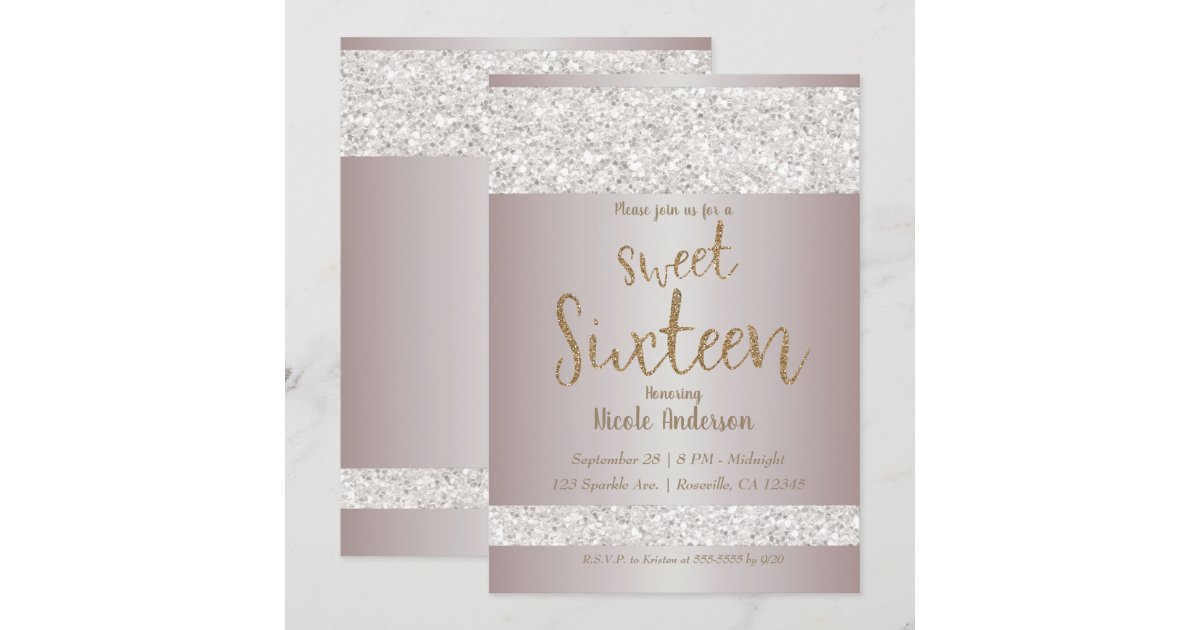 White Glitter Sparkle Blush Pink Sweet 16 Sixteen Invitation | Zazzle