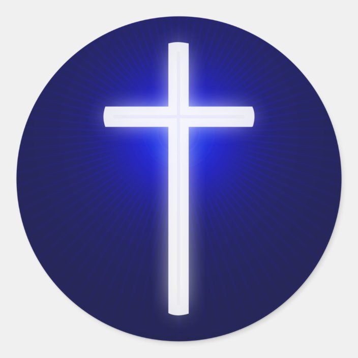White Glow Religious Cross | Christian Navy Blue Classic Round Sticker ...