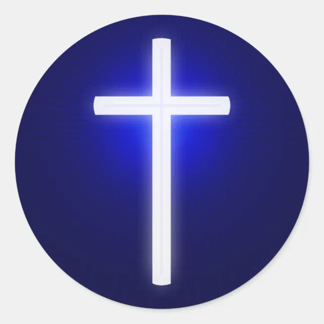 White Glow Religious Cross | Christian Navy Blue Classic Round Sticker ...