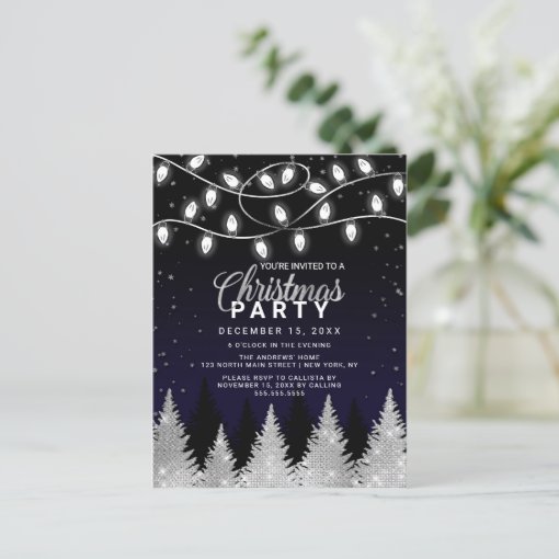 White Glowing Lights Glitter Trees Christmas Party Invitation Postcard ...