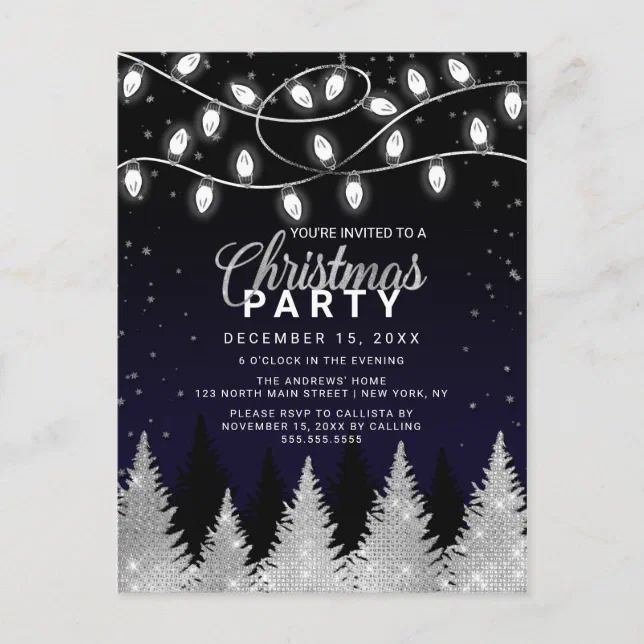 White Glowing Lights Glitter Trees Christmas Party Invitation Postcard ...