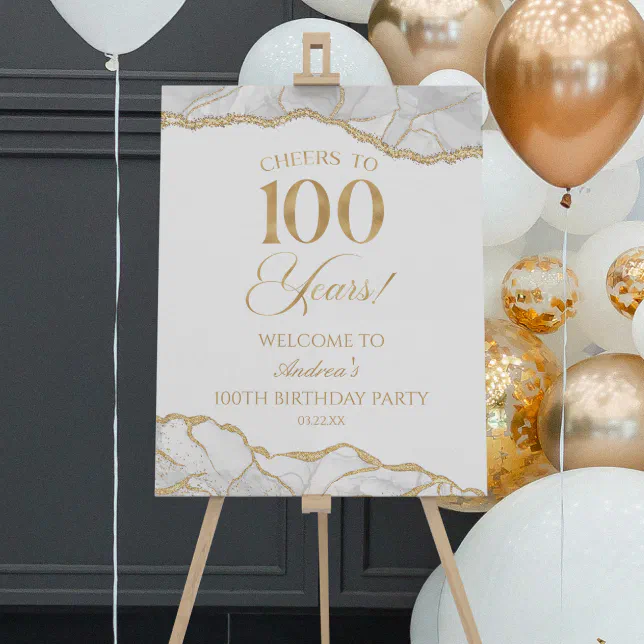White Gold Agate 100th Birthday Party Welcome Sign | Zazzle