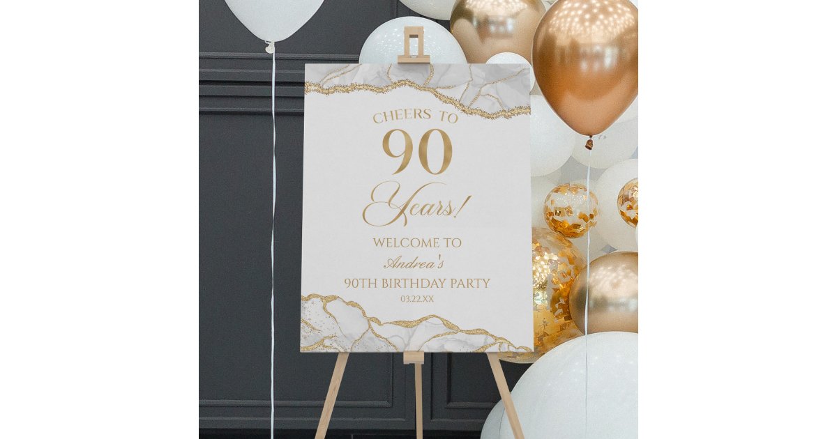 White Gold Agate 90th Birthday Party Welcome Sign | Zazzle