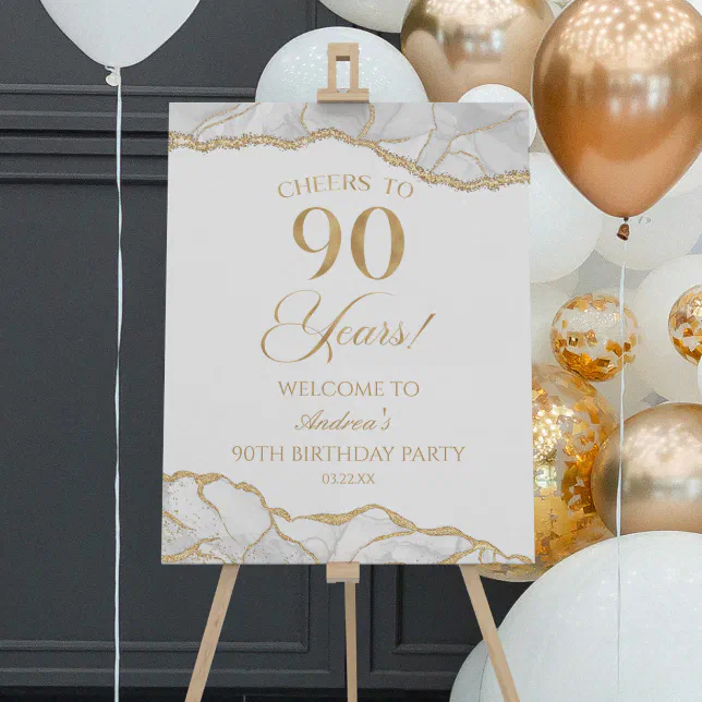 White Gold Agate 90th Birthday Party Welcome Sign | Zazzle