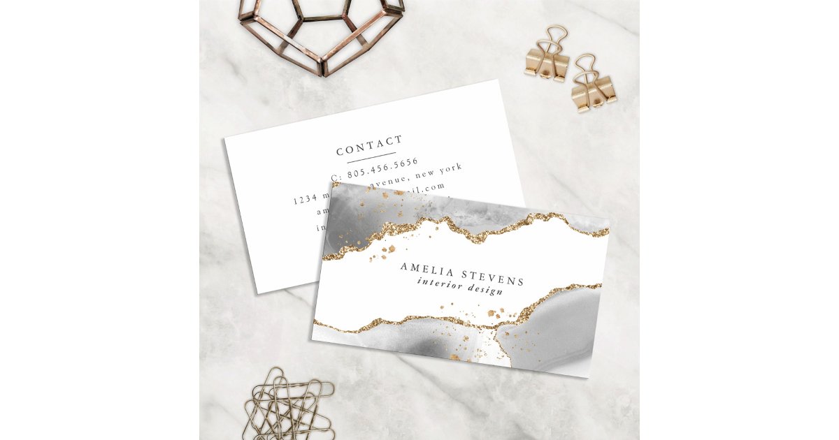 White & Gold Agate Business Card | Zazzle