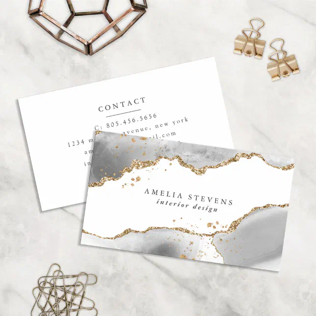 White & Gold Agate Business Card | Zazzle
