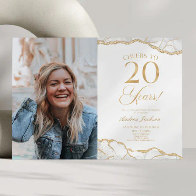 White Gold Agate Picture 20th Birthday Party Invitation | Zazzle