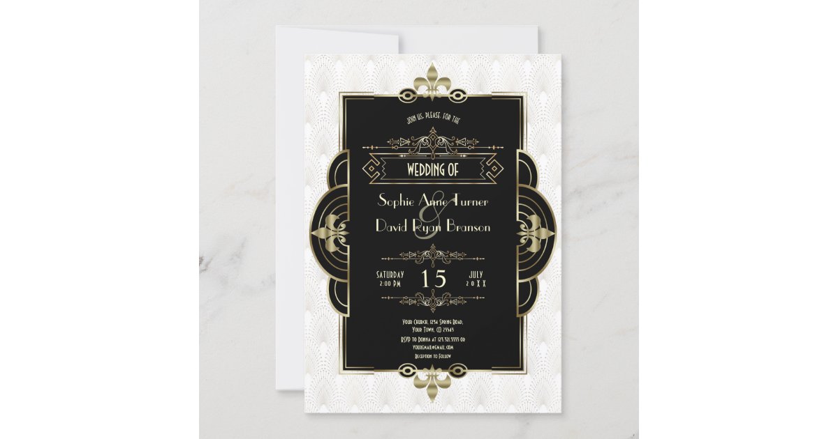 White Gold Art Deco Black Roaring 1920s Wedding Invitation | Zazzle