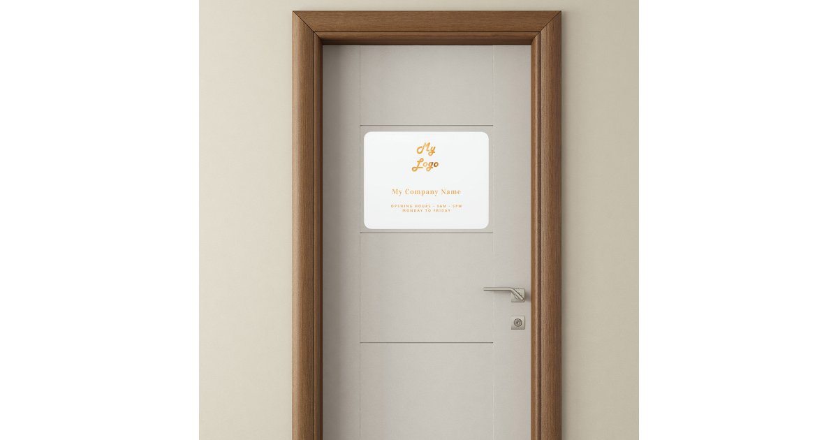 White gold business logo name opening hours door sign | Zazzle