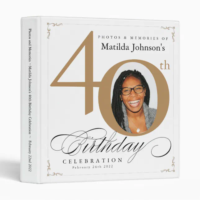 White Gold Calligraphy 40th Birthday Elegant Photo 3 Ring Binder | Zazzle