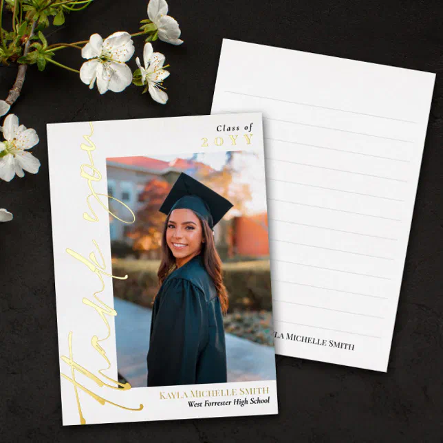White Gold Calligraphy Photo Graduation Thank You Foil Invitation | Zazzle