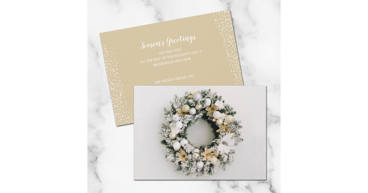 White Gold Christmas Wreath Business Holiday Card | Zazzle
