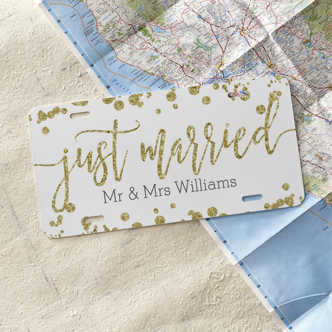 White & Gold Confetti Wedding Just Married License Plate | Zazzle