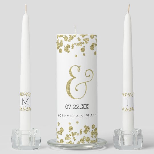 White & Gold Confetti Wedding Monogram Unity Candle Set | Zazzle.com