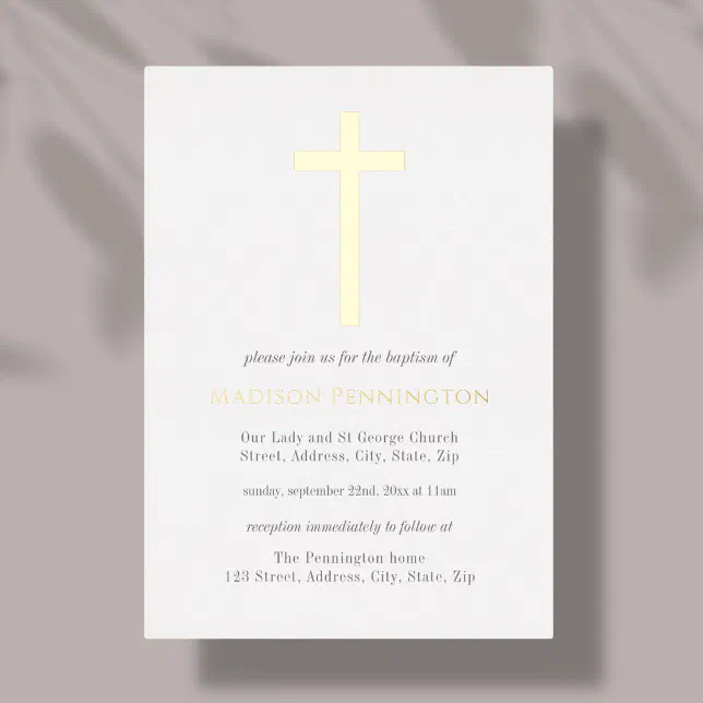 White & Gold Cross Baptism Foil Invitation | Zazzle