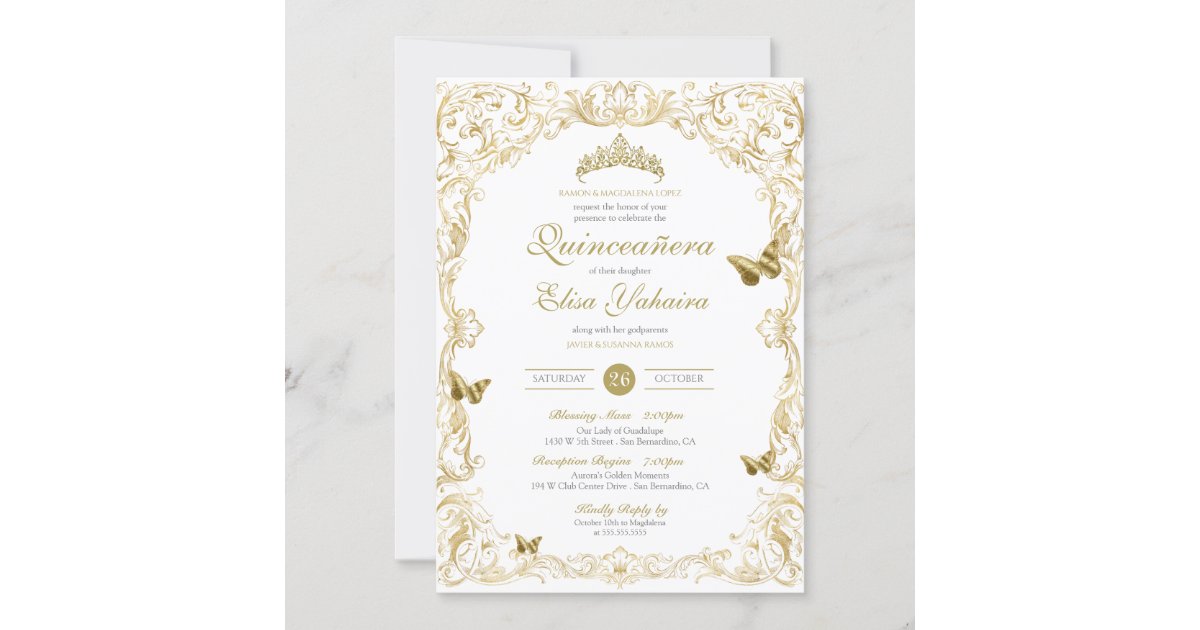 White Gold Elegant Baroque Regal Quinceanera Invitation | Zazzle