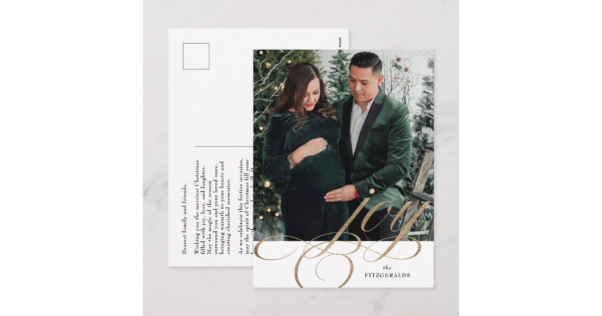 White & Gold Festive Flourish Joy Holiday Postcard | Zazzle