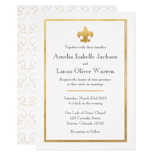 White And Gold Fleur De Lis Wedding Invitation