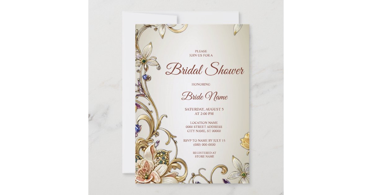 White Gold Floral Bridal Shower Invitation Zazzle