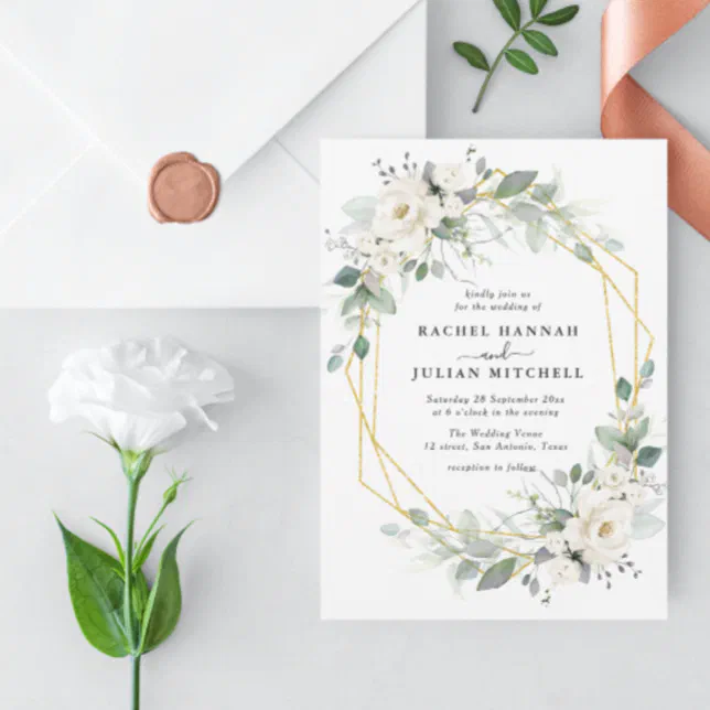 White & gold floral geometric wedding invitation | Zazzle