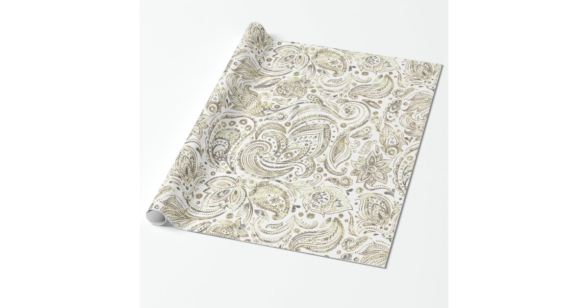 White & Gold Floral Paisley Wrapping Paper | Zazzle