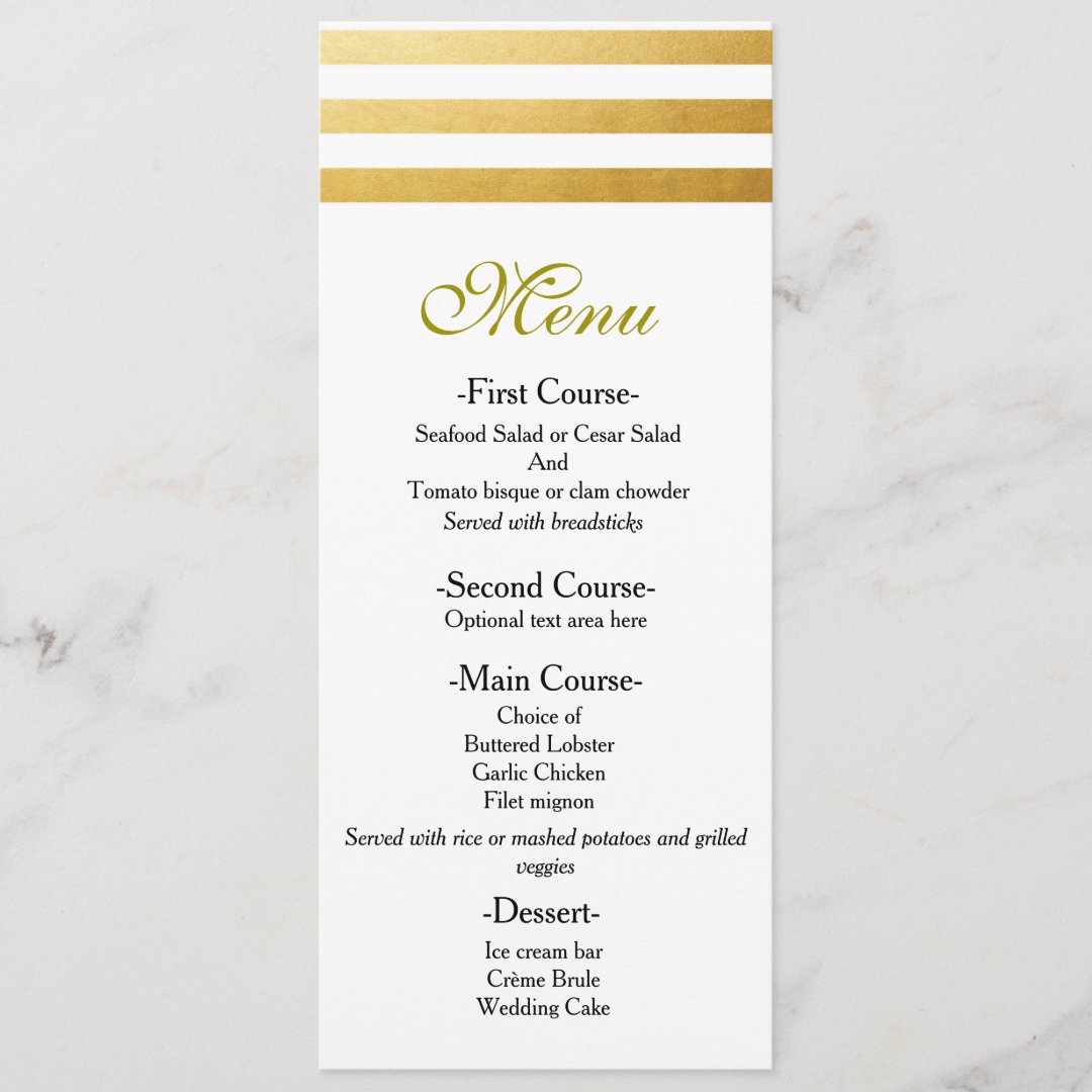 White & Gold Foil Stripes Elegant Wedding Menu | Zazzle