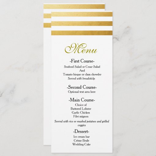 White & Gold Foil Stripes Elegant Wedding Menu | Zazzle