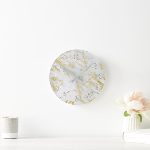 White & Gold Glam Marble Modern Personalized Round Clock | Zazzle