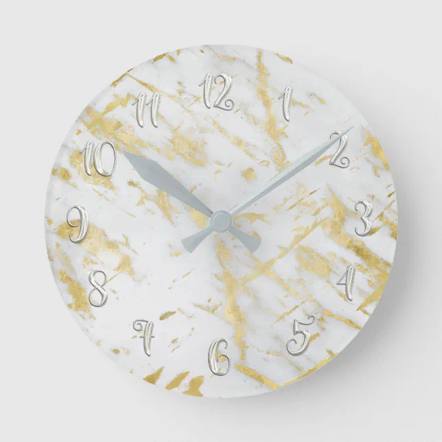 White & Gold Glam Marble Modern Personalized Round Clock | Zazzle