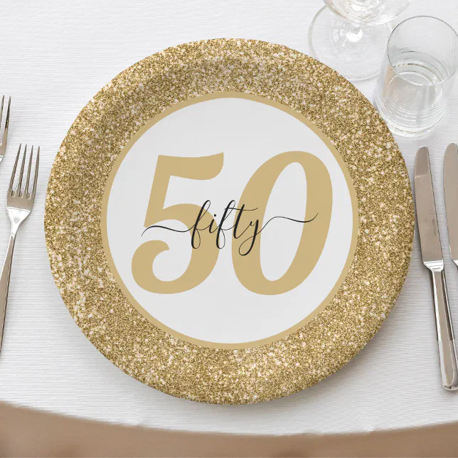 White & Gold Glitter 50 Fifty Years 50th Birthday Paper Plates | Zazzle