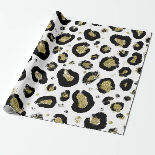 White Gold Glitter & Black Leopard Cheetah Print Wrapping Paper | Zazzle