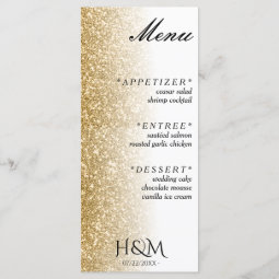 White & Gold Glitter Dinner Wedding Reception Menu | Zazzle