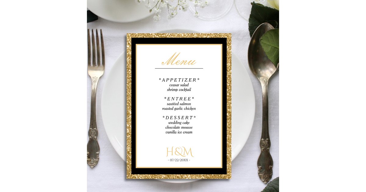 White & Gold Glitter Dinner Wedding Reception Menu | Zazzle