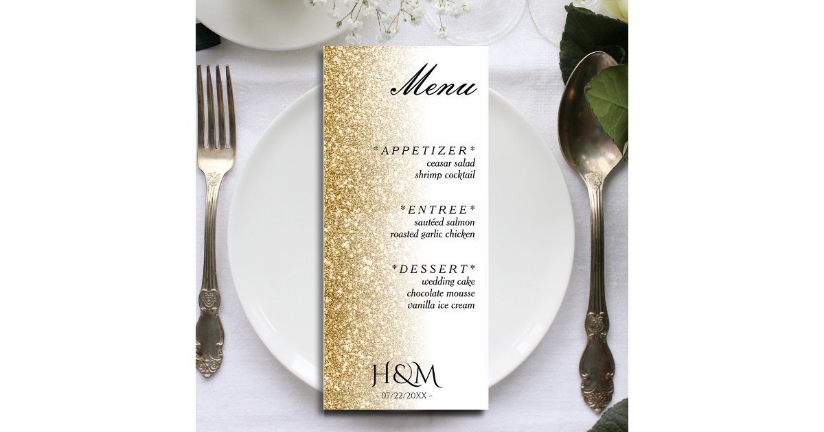 White & Gold Glitter Dinner Wedding Reception Menu | Zazzle